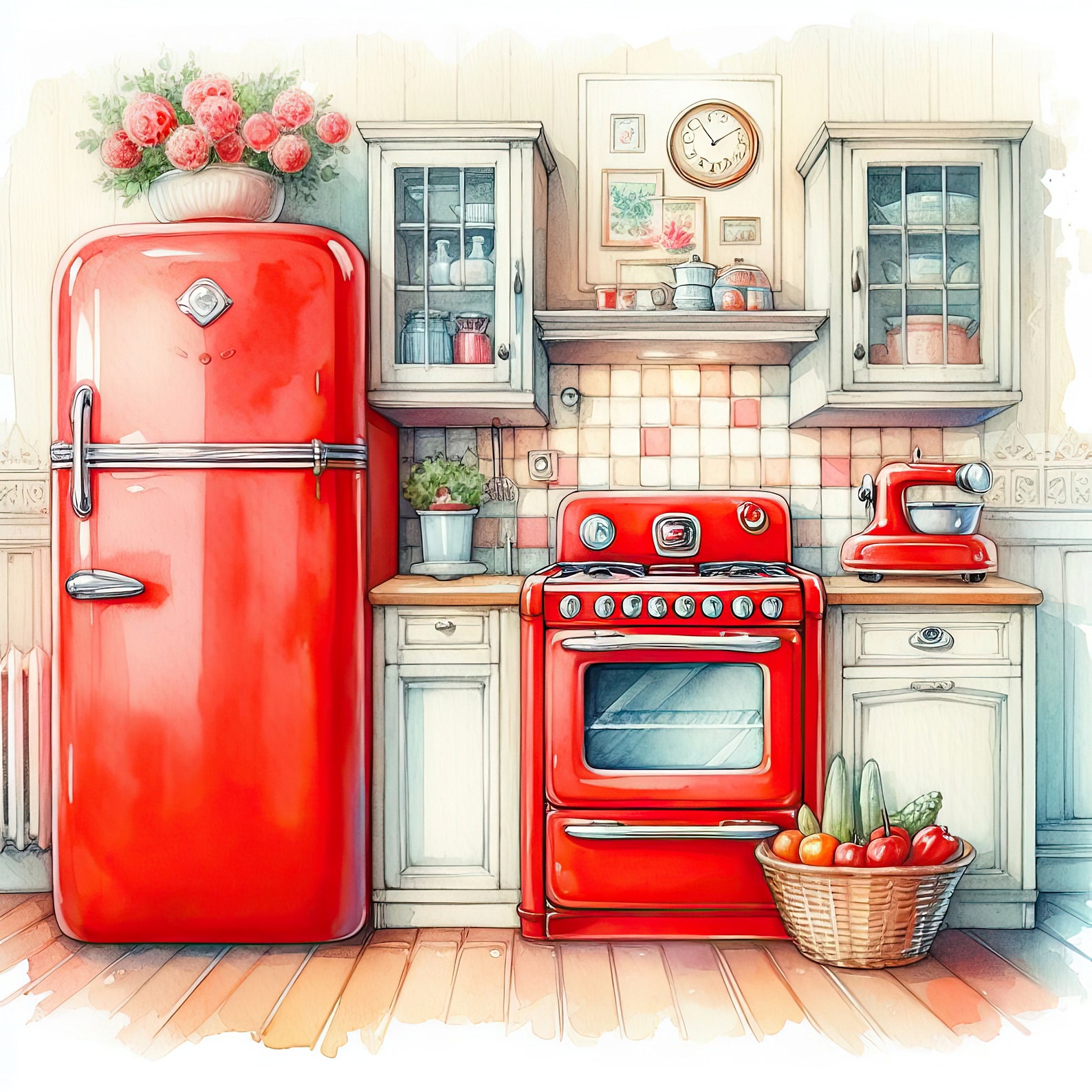 Watercolor Retro Red Kitchen Clipart Vintage Kitchen Clip Art ...