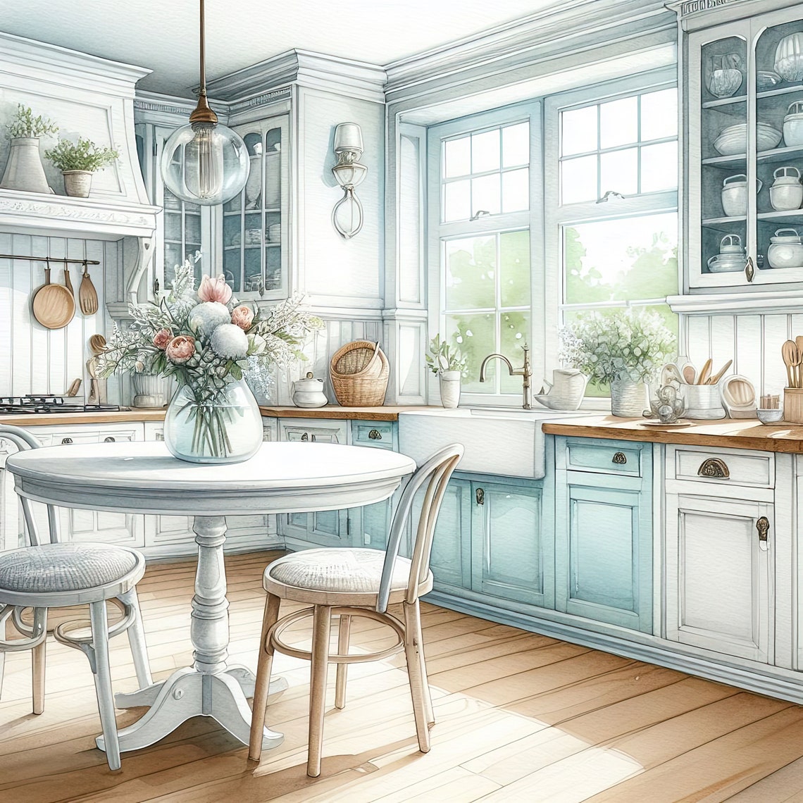 Watercolor Beach Cottage Kitchen Clipart Watercolor Kitchen Vintage ...
