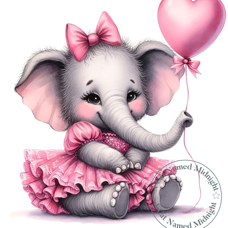 Cute Baby Girl Elephant With a Pink Heart Balloon Clipart | 10 JPG ...
