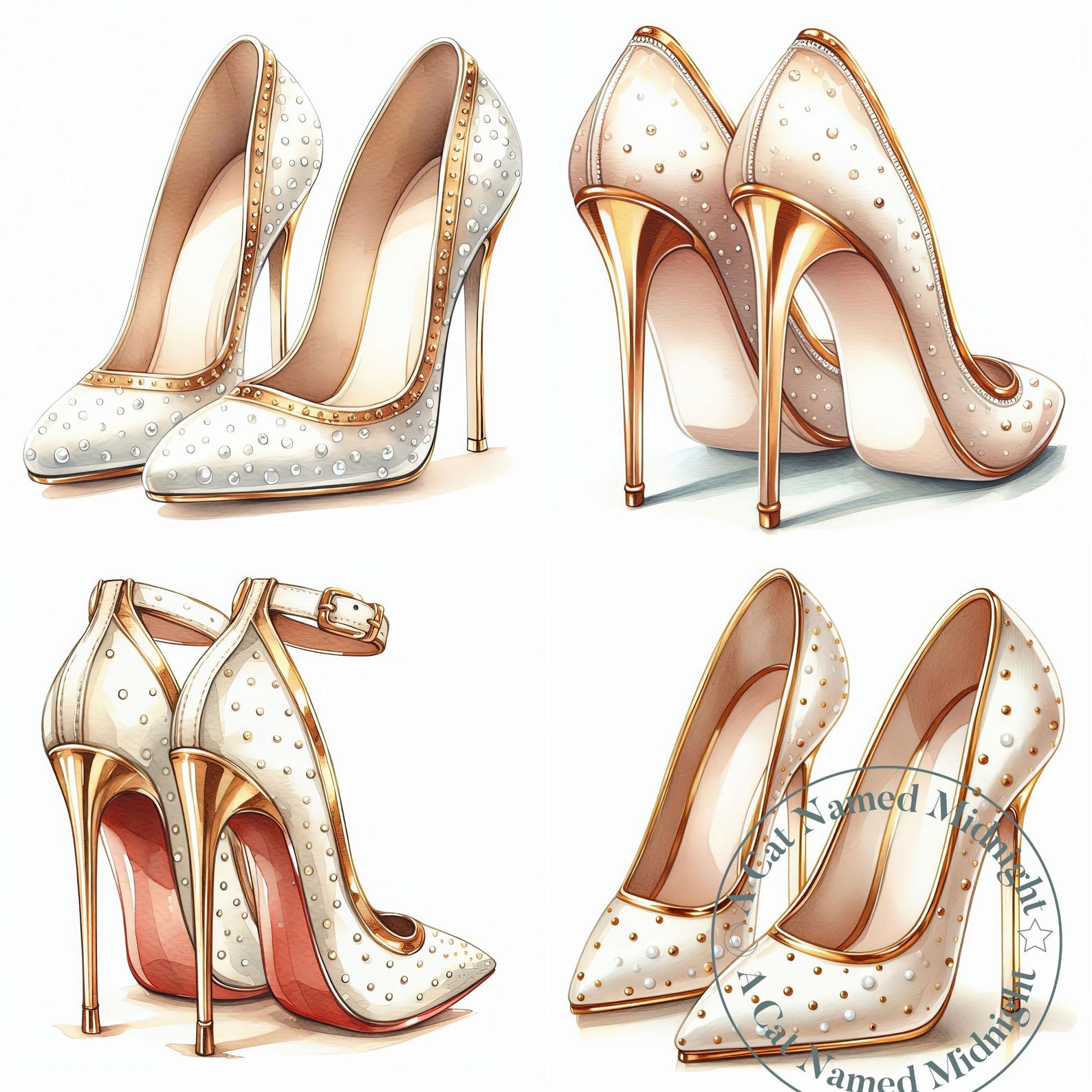 Ivory and Gold High Heels Clip Art 14 High Quality Jpgs Watercolor ...