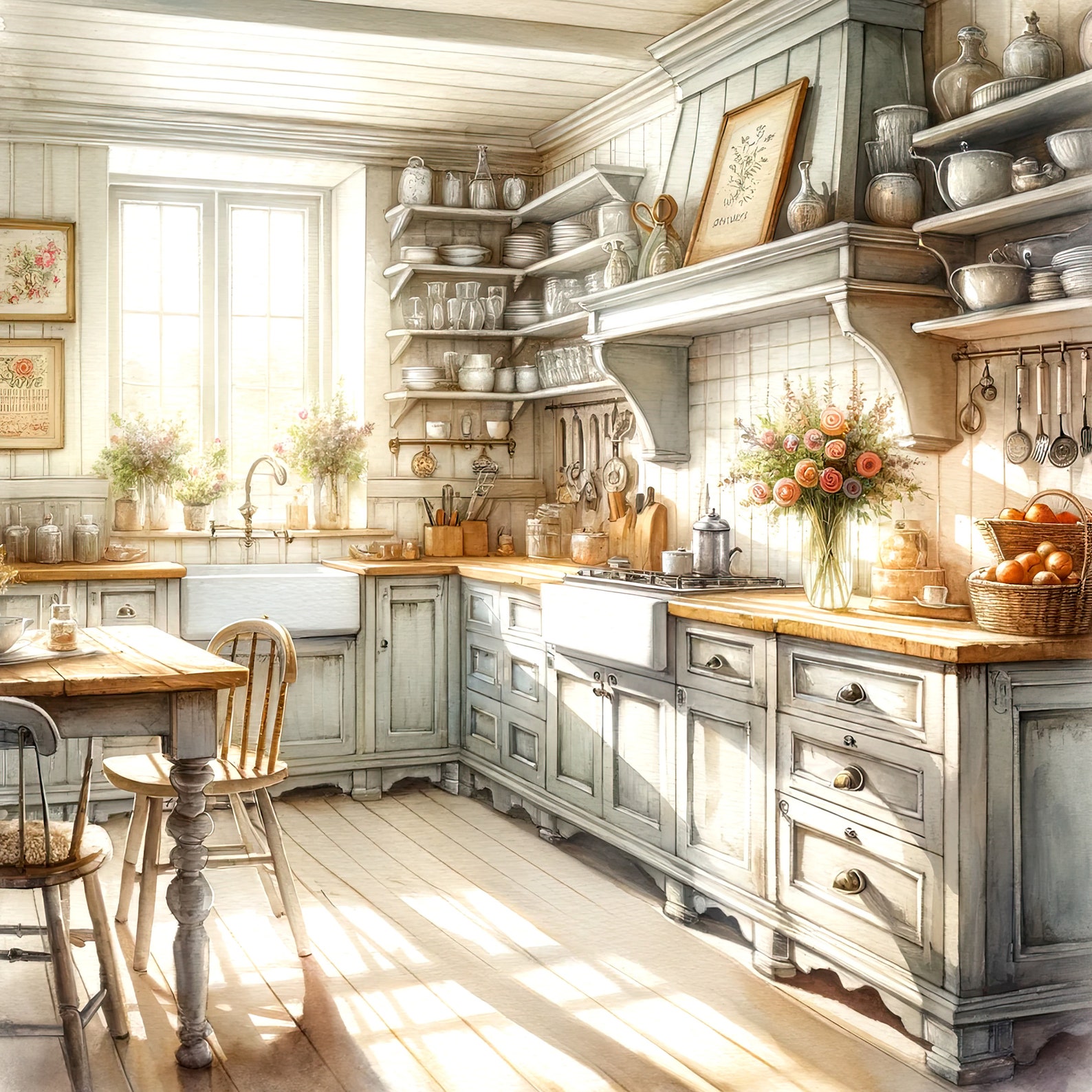 Watercolor Farmhouse Kitchen Clipart Watercolor Cottage Kitchen Clip ...
