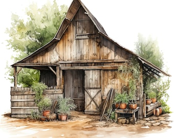 Watercolor Old Rustic Red Barn Clipart Bundle Vintage Clip Art Barn ...
