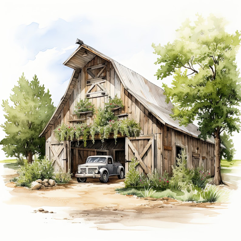 Watercolor Old Red Barn Clipart Bundle Vintage Clip Art Rustic Barn Images Farm Downloadable ...