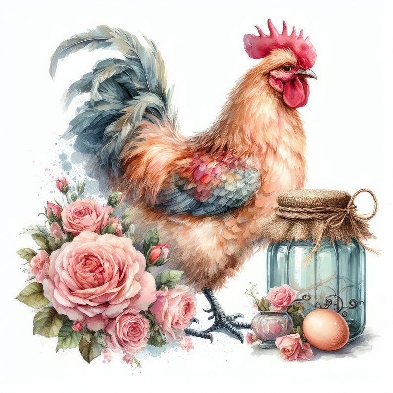 Watercolor Chicken Clipart Watercolor Rooster Clip Art Easter Farm ...