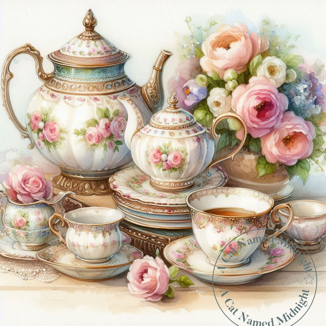 Shabby Chic Tea Cups Clipart 8 JPG Images Watercolor Clip Art Bundle ...