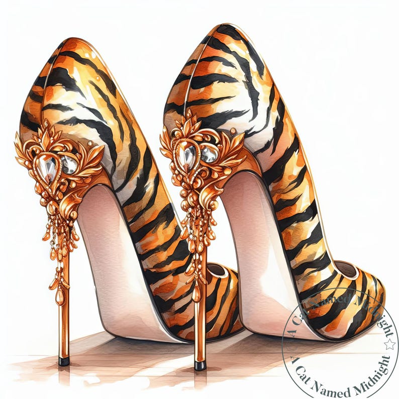 10 Tiger Print High Heels Clipart Bundle Digital Watercolor High Heels ...