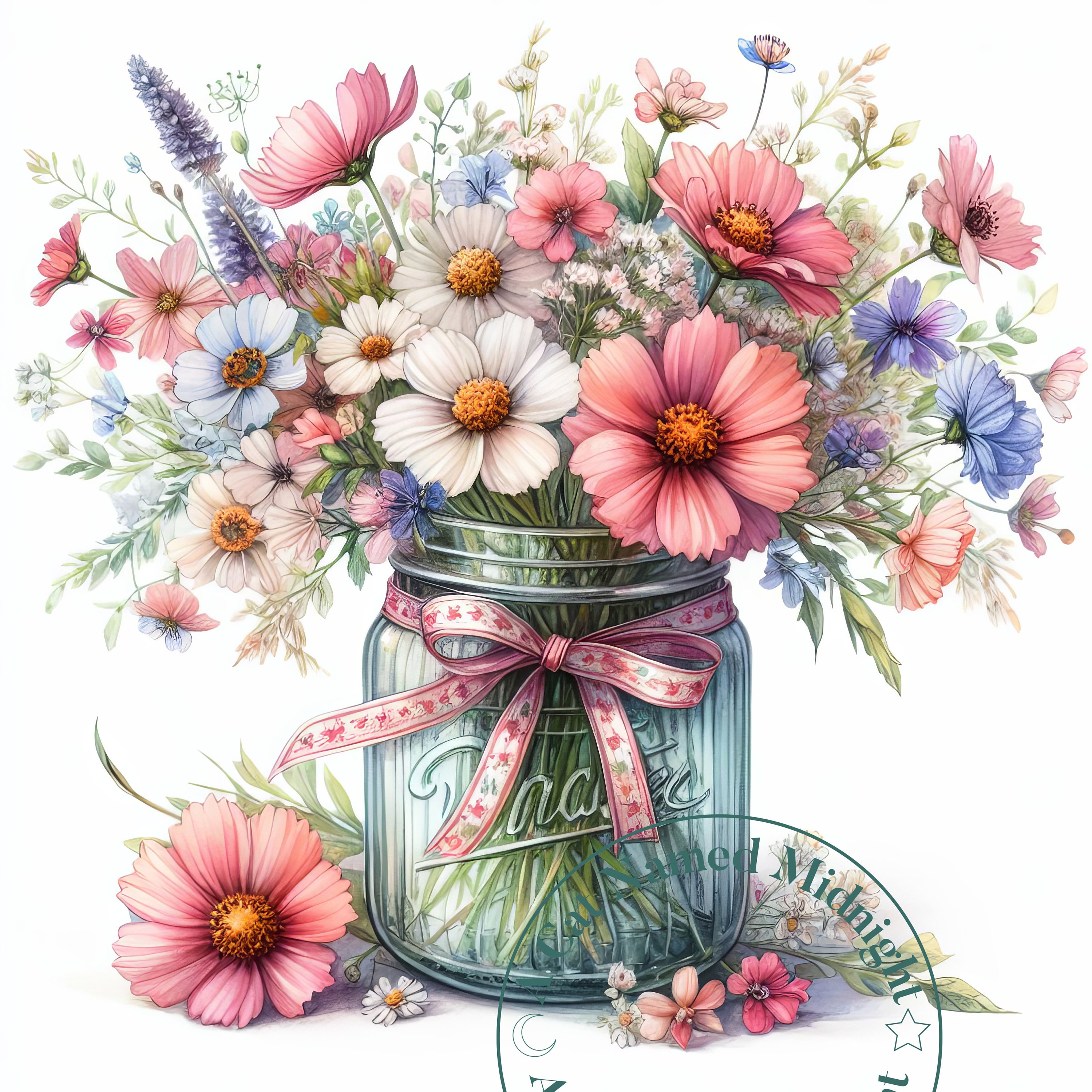 10 Mason Jar Flowers Clipart Shabby Chic Floral Watercolor Vintage Clip ...