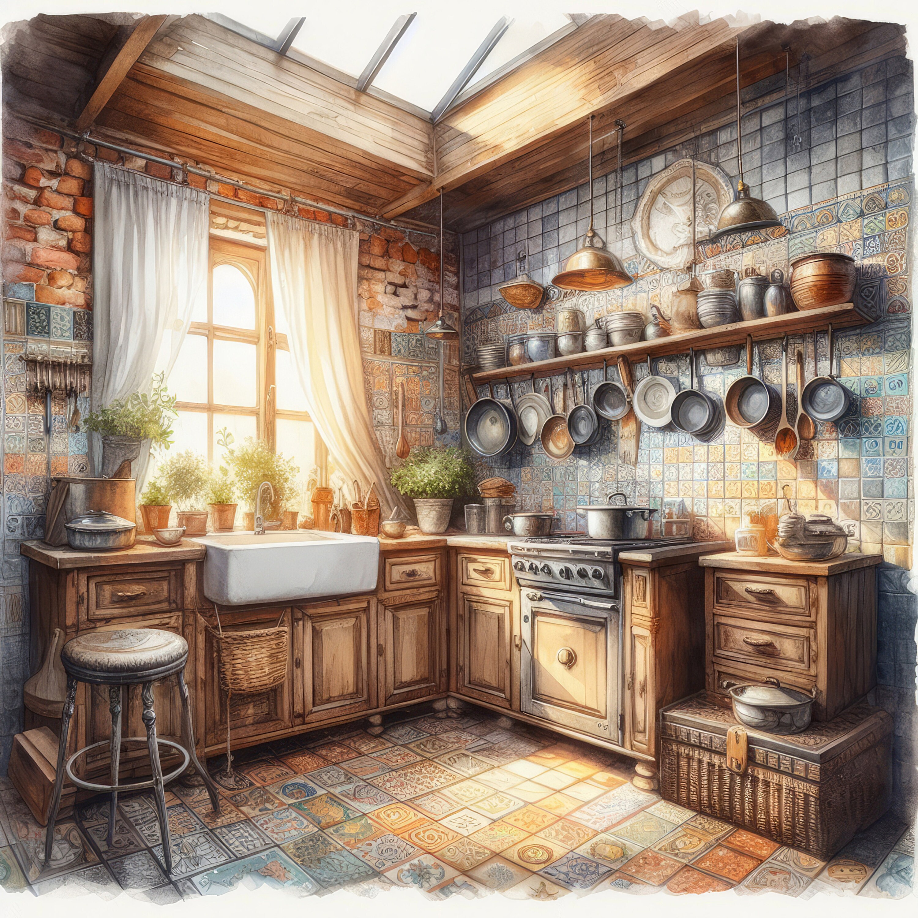 Watercolor Farmhouse Kitchen Clipart Watercolor Cottage Kitchen Clip ...