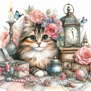 10 Shabby Chic Cat Clipart Watercolor Cat Clip Art Cat Images Bundle ...