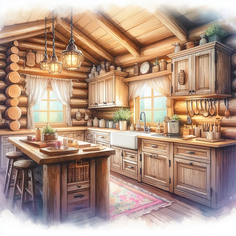 Watercolor Rustic Log Cabin Kitchen Clipart Country Kitchen Vintage ...