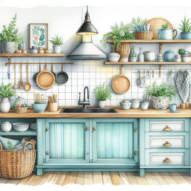 Watercolor Farmhouse Kitchen Clipart Watercolor Cottage Kitchen Clip ...