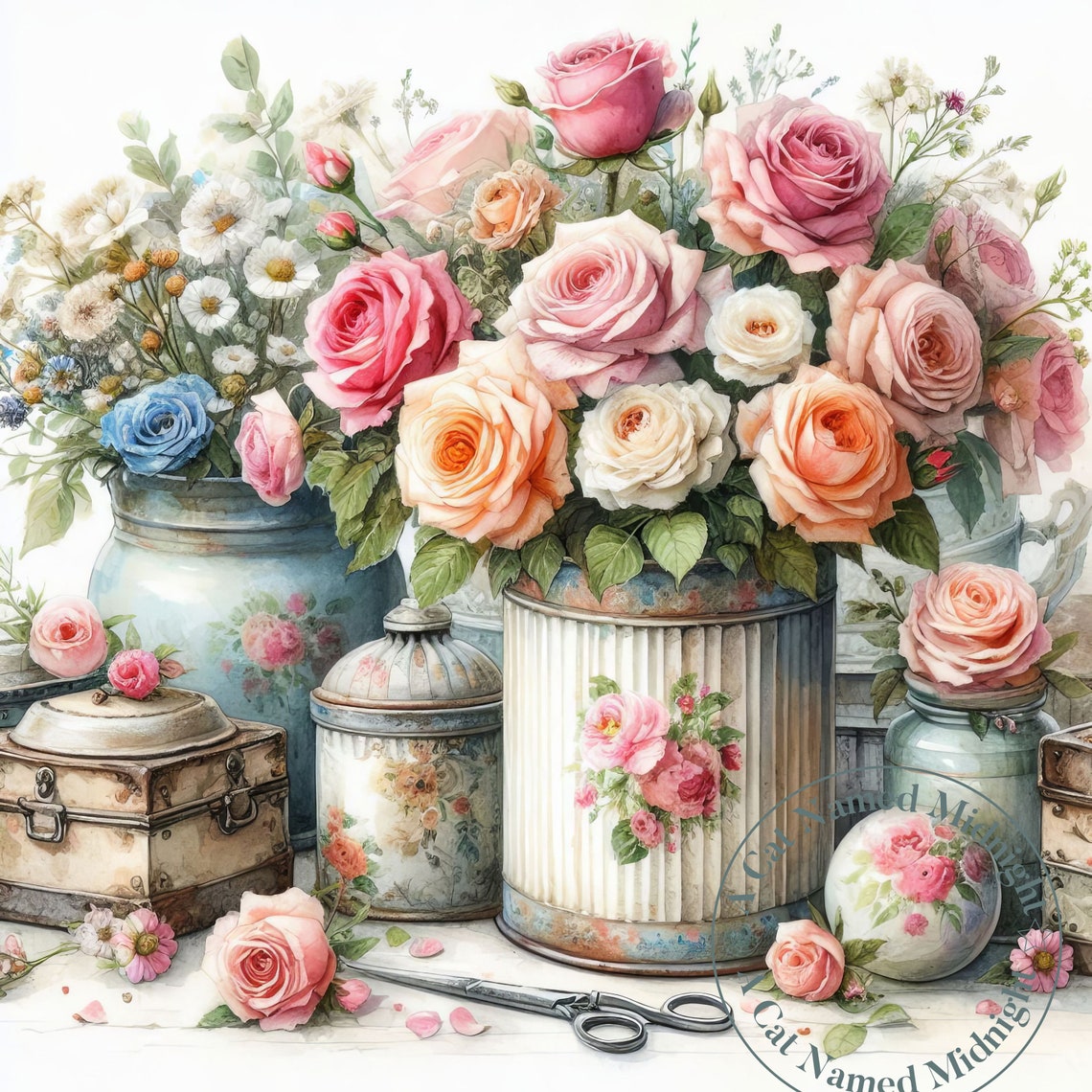 Rose Clipart Roses in Vintage Cans Clip Art Shabby Chic Floral ...