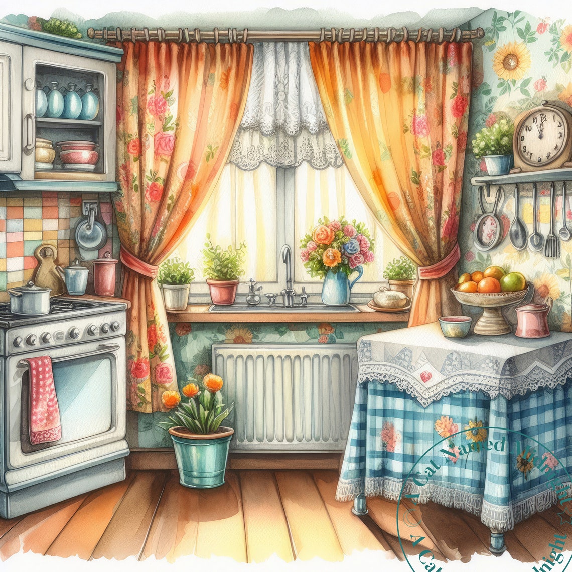 Watercolor Cute Retro Kitchen Clipart Shabby Chic Kitchen Vintage Clip ...