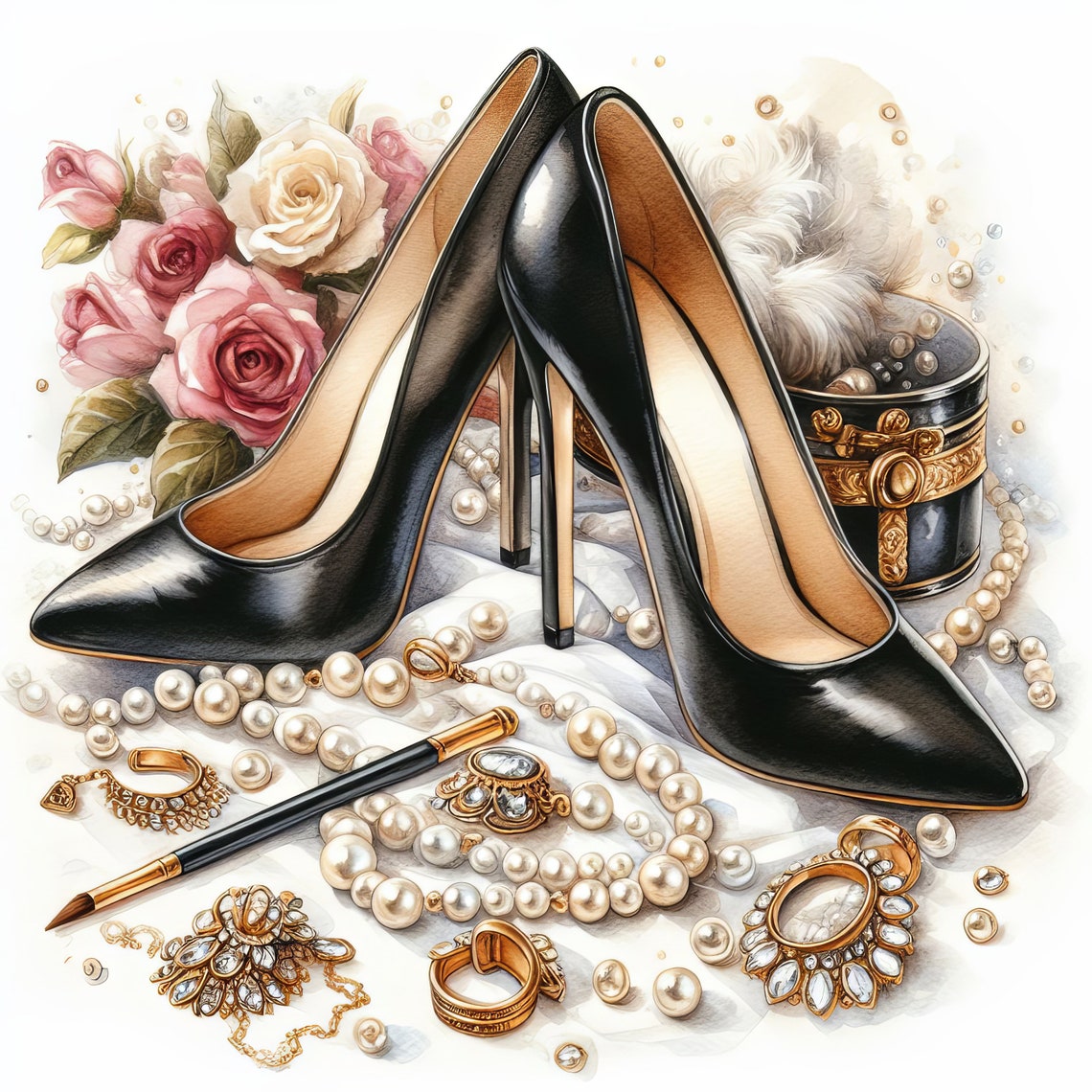 Watercolor High Heels Clipart Bundle Black and Gold High Heels Clip Art ...