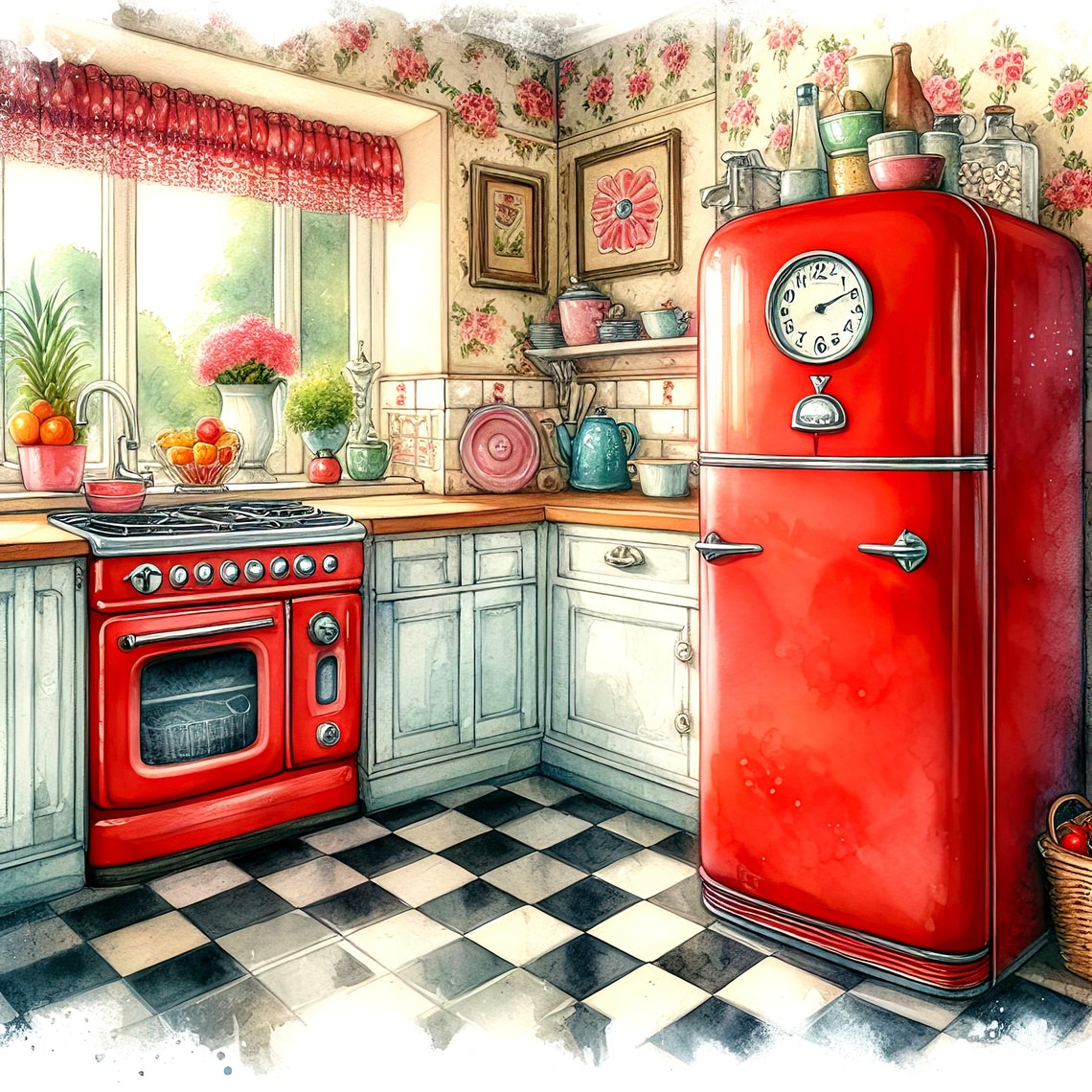 Watercolor Retro Red Kitchen Clipart Vintage Kitchen Clip Art ...