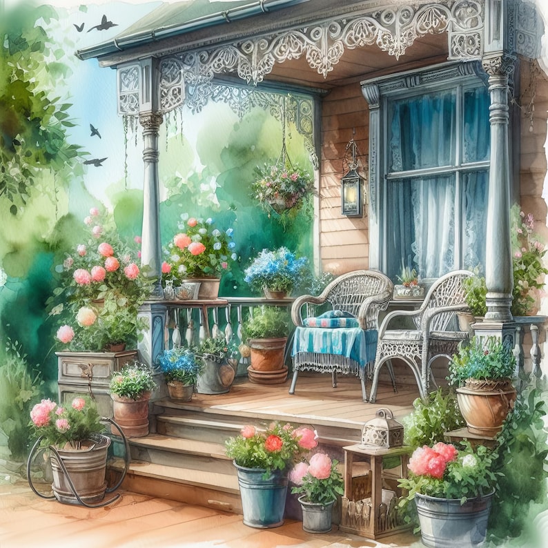 Watercolor Shabby Chic Porch Clipart Vintage Clip Art Watercolor ...