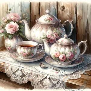 Shabby Chic Tea Cups Clipart 8 JPG Images Watercolor Clip Art Bundle ...