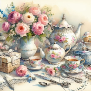 Shabby Chic Tea Cups Clipart 8 JPG Images Watercolor Clip Art Bundle ...