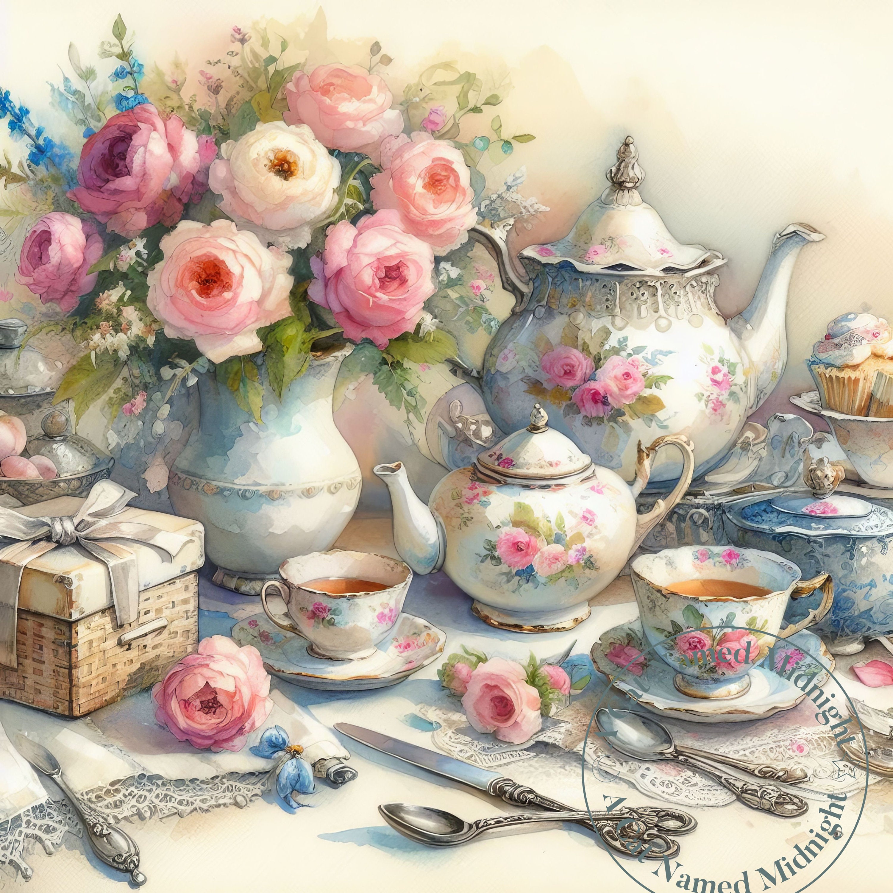 Shabby Chic Tea Cups Clipart 8 JPG Images Watercolor Clip Art Bundle ...