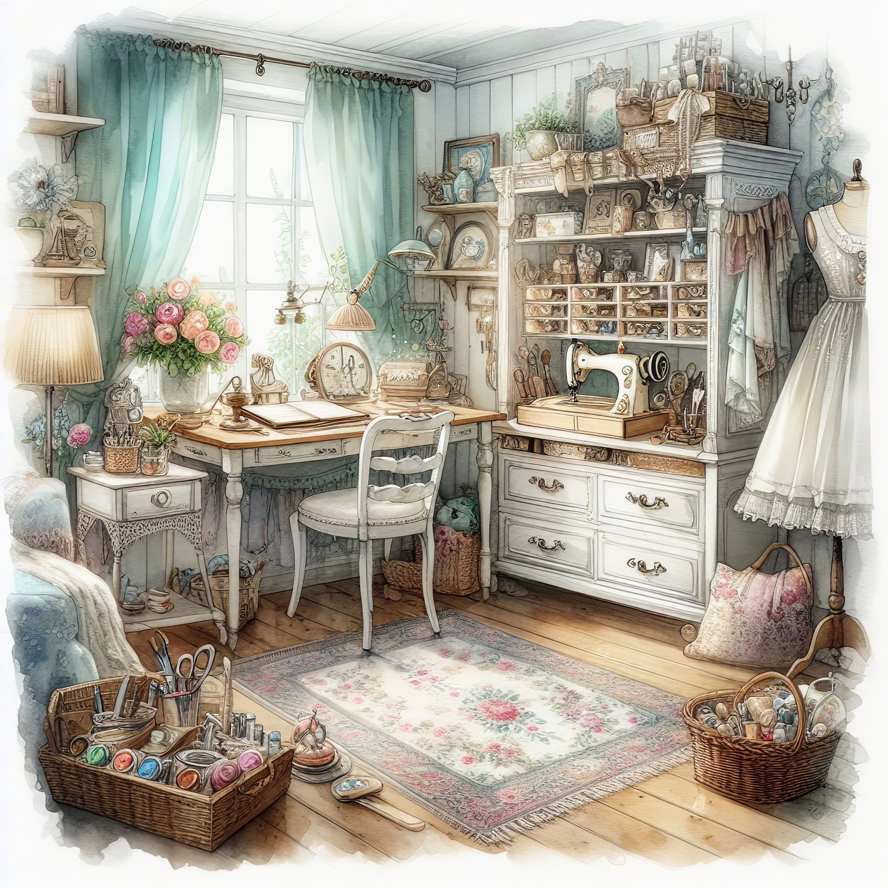 Watercolor Shabby Chic Craft Room Clipart Sewing Vintage Clip Art ...