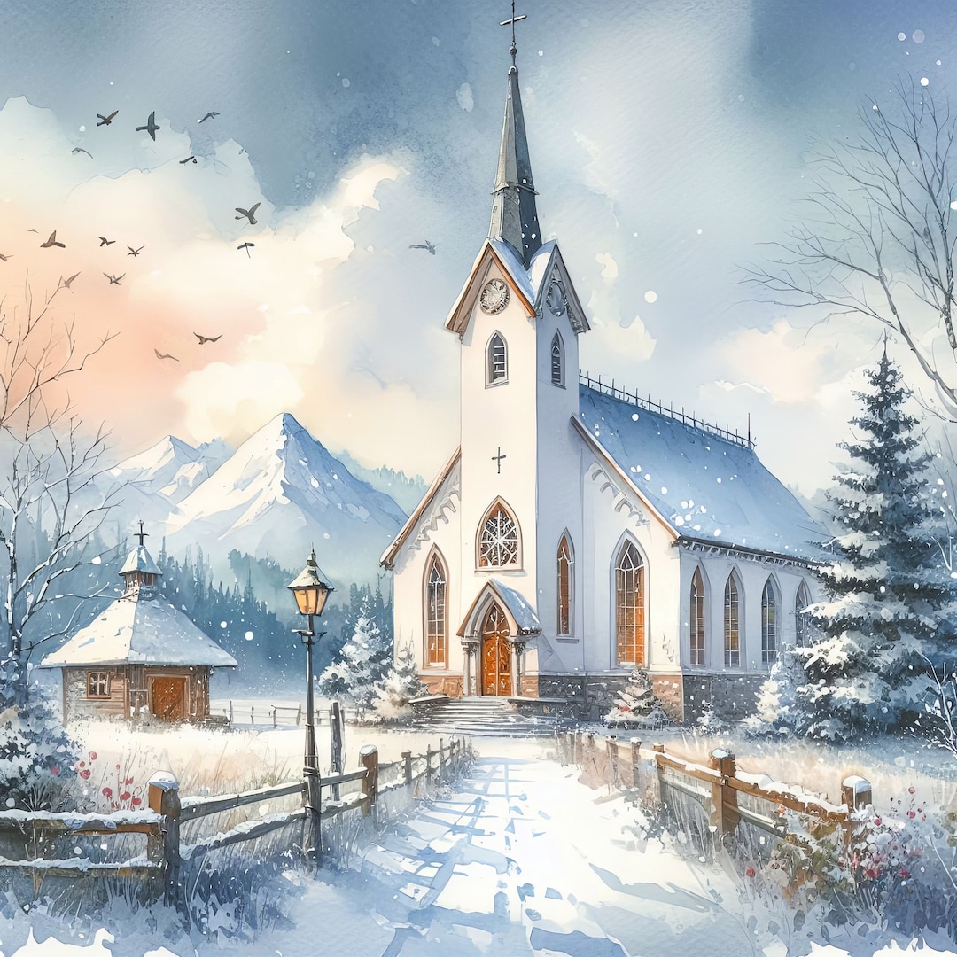10 Winter Country Church Clipart Bundle Watercolor Vintage Clip Art ...
