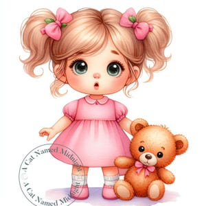 Sweet Baby Girl With Teddy Bear Clipart 12 Jpgs Little Girl Watercolor ...