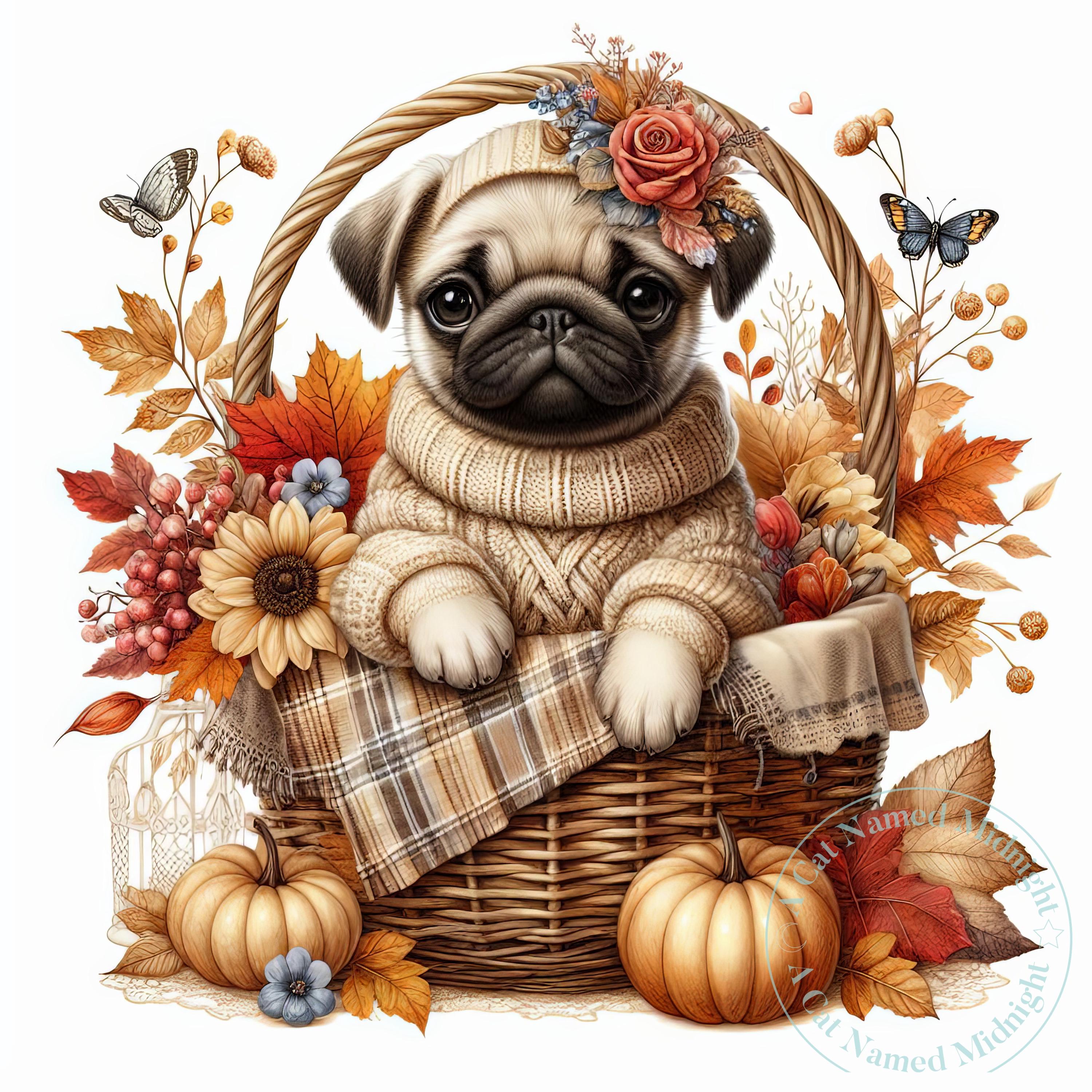 Cute Little Pug Dog Clipart 13 JPG Images Watercolor Pug in a Basket ...