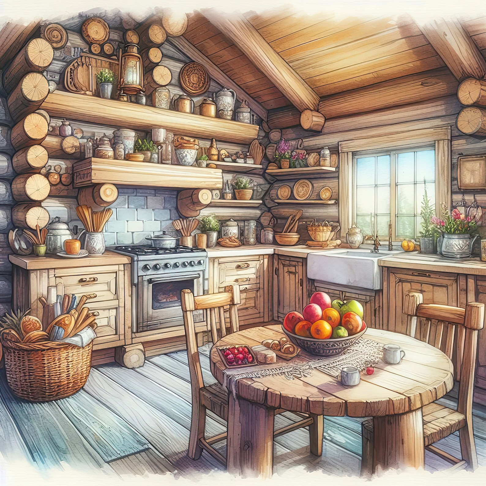 Watercolor Rustic Log Cabin Kitchen Clipart Country Kitchen Vintage ...