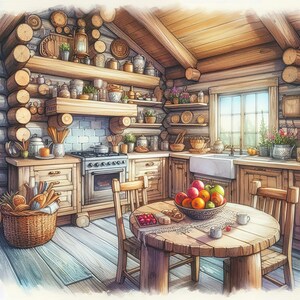 Watercolor Rustic Log Cabin Kitchen Clipart Country Kitchen Vintage ...