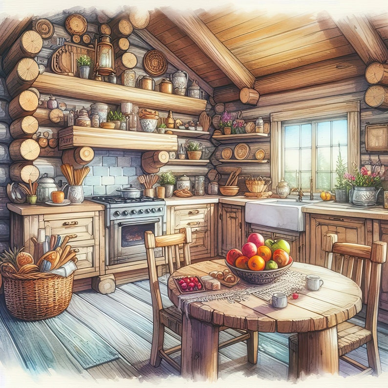 Watercolor Rustic Log Cabin Kitchen Clipart Country Kitchen Vintage ...