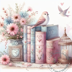 10 Shabby Chic Books and Birds Clipart Images Watercolor Book Lover ...