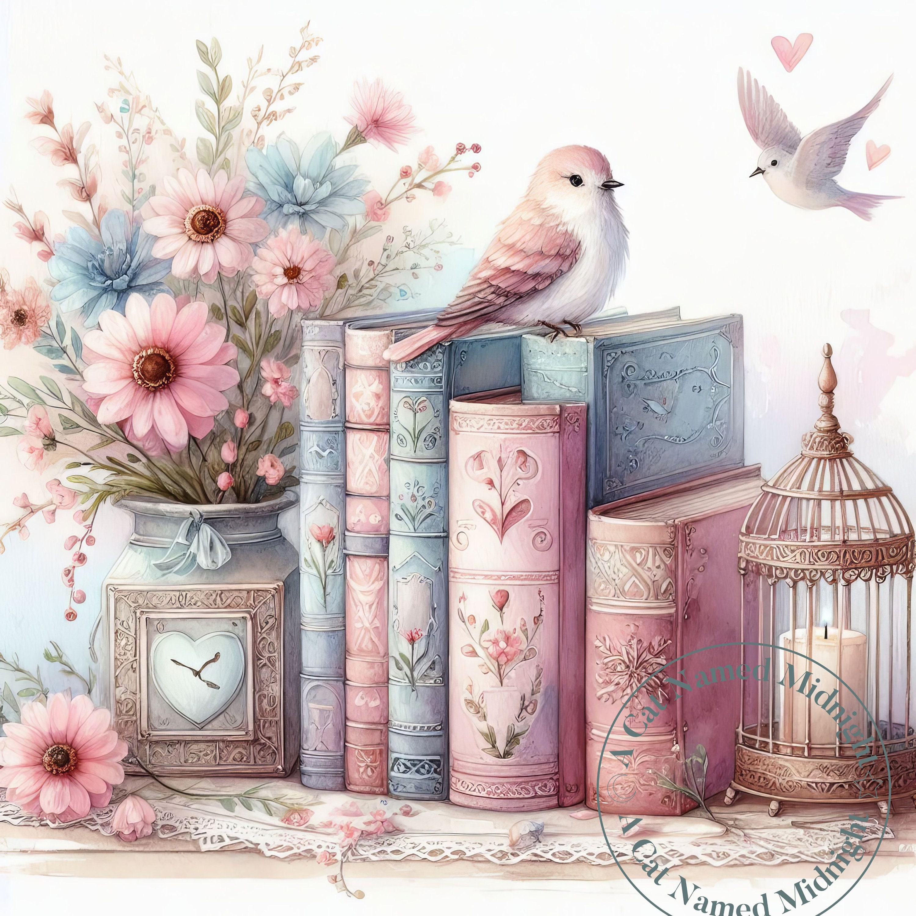 10 Shabby Chic Books and Birds Clipart Images Watercolor Book Lover ...