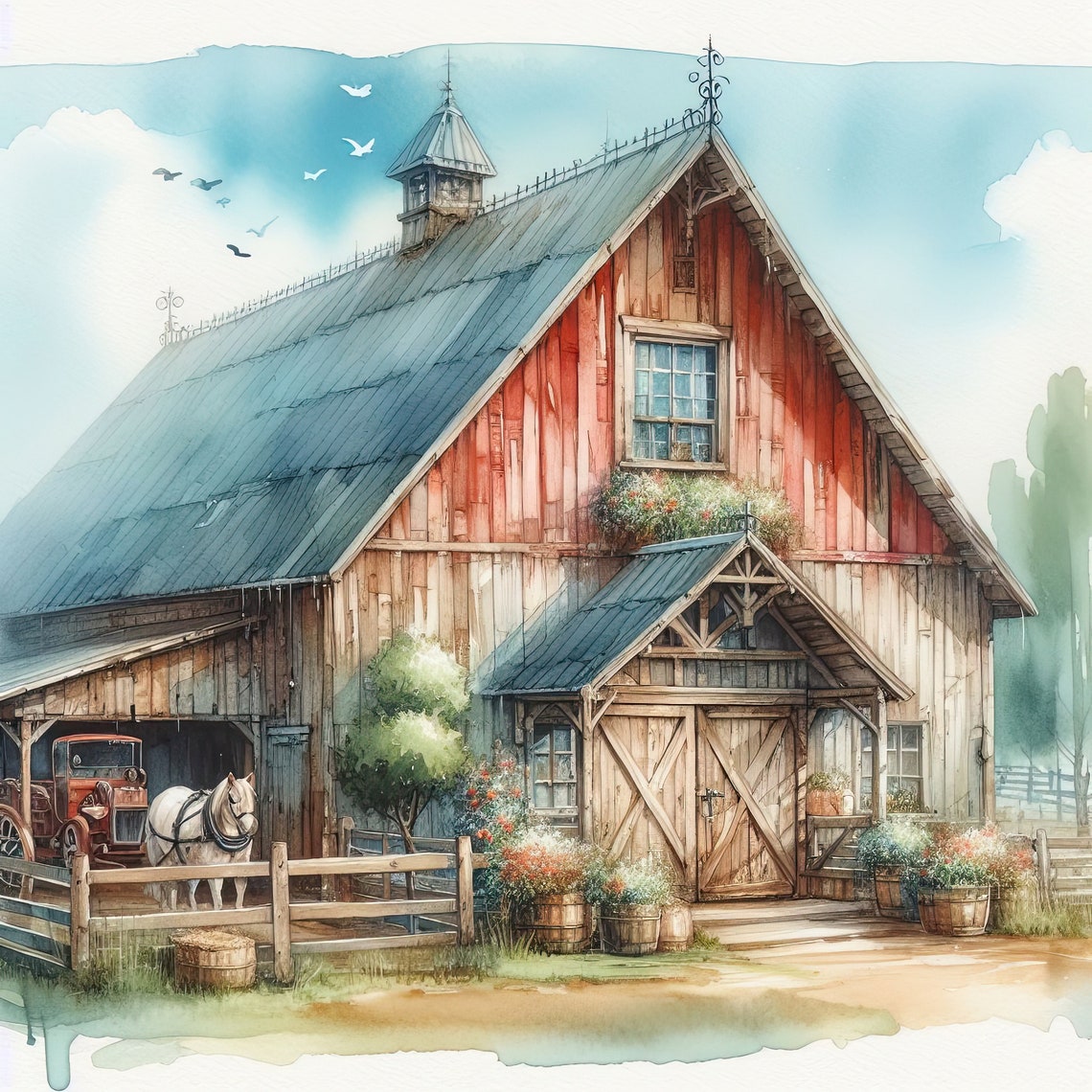 Watercolor Old Rustic Red Barn Clipart Bundle Vintage Clip Art Barn ...