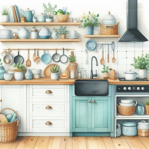 Watercolor Farmhouse Kitchen Clipart Watercolor Cottage Kitchen Clip ...