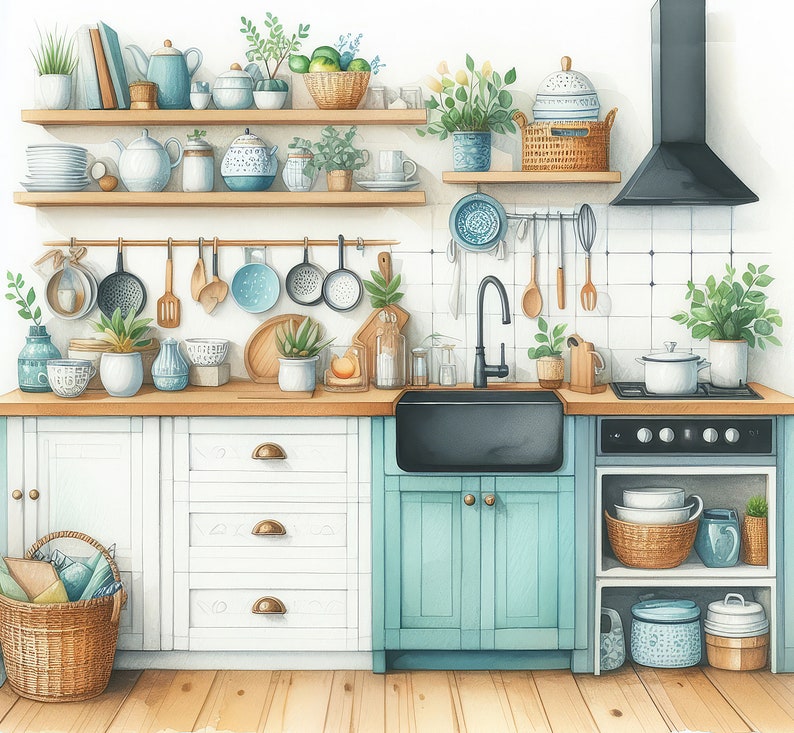 Watercolor Farmhouse Kitchen Clipart Watercolor Cottage Kitchen Clip ...