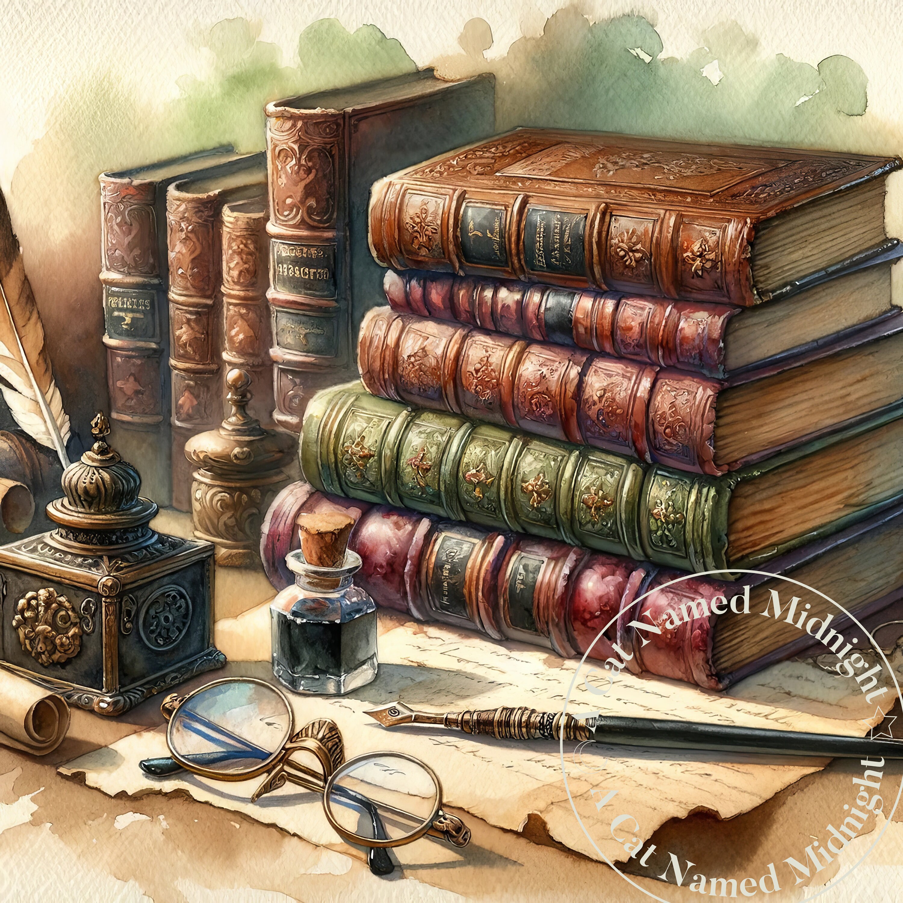 10 Vintage Leather Books Clipart Watercolor Book Lover Clip Art Antique ...
