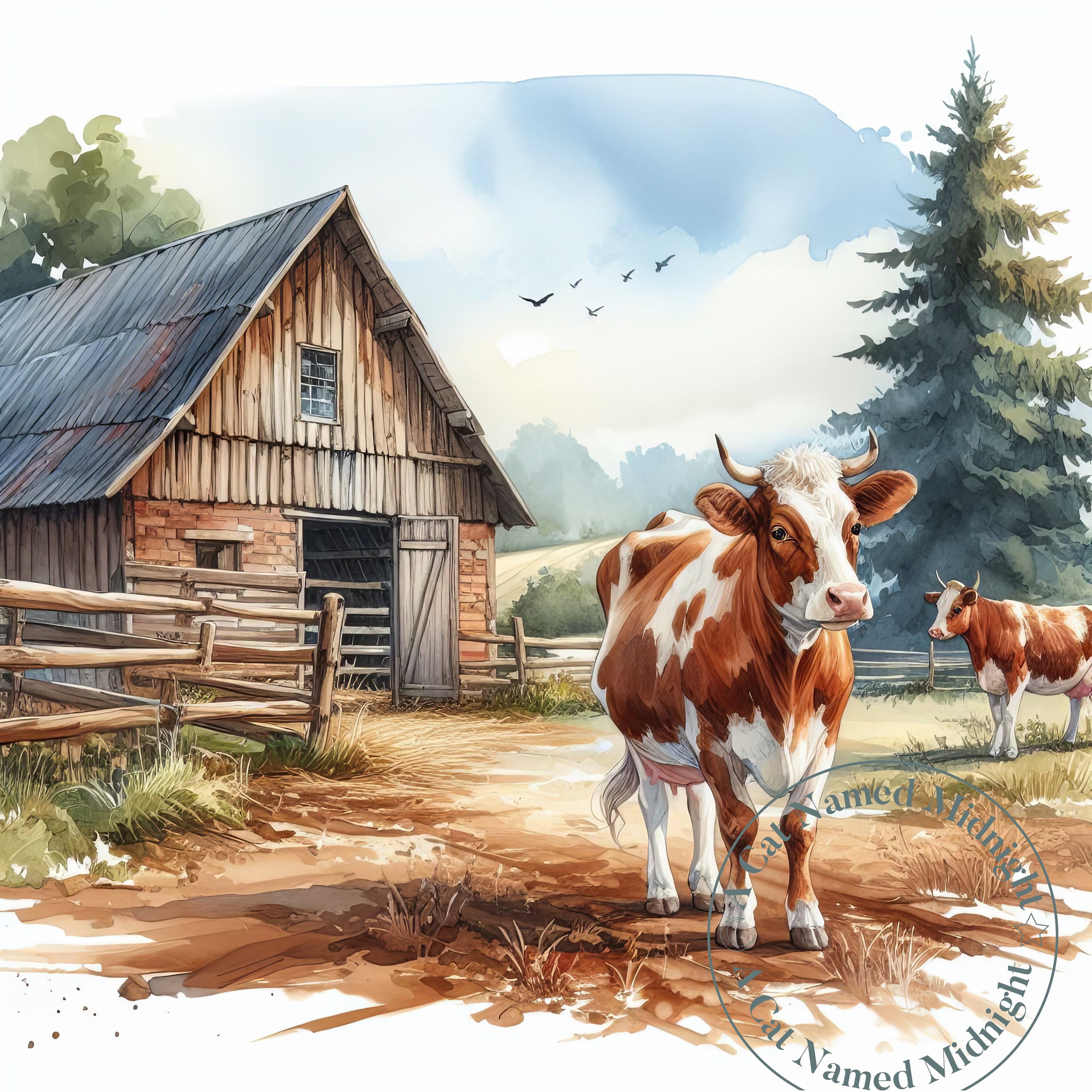 10 Watercolor Old Barn and Cow Clipart Bundle Vintage Clip Art Rustic ...