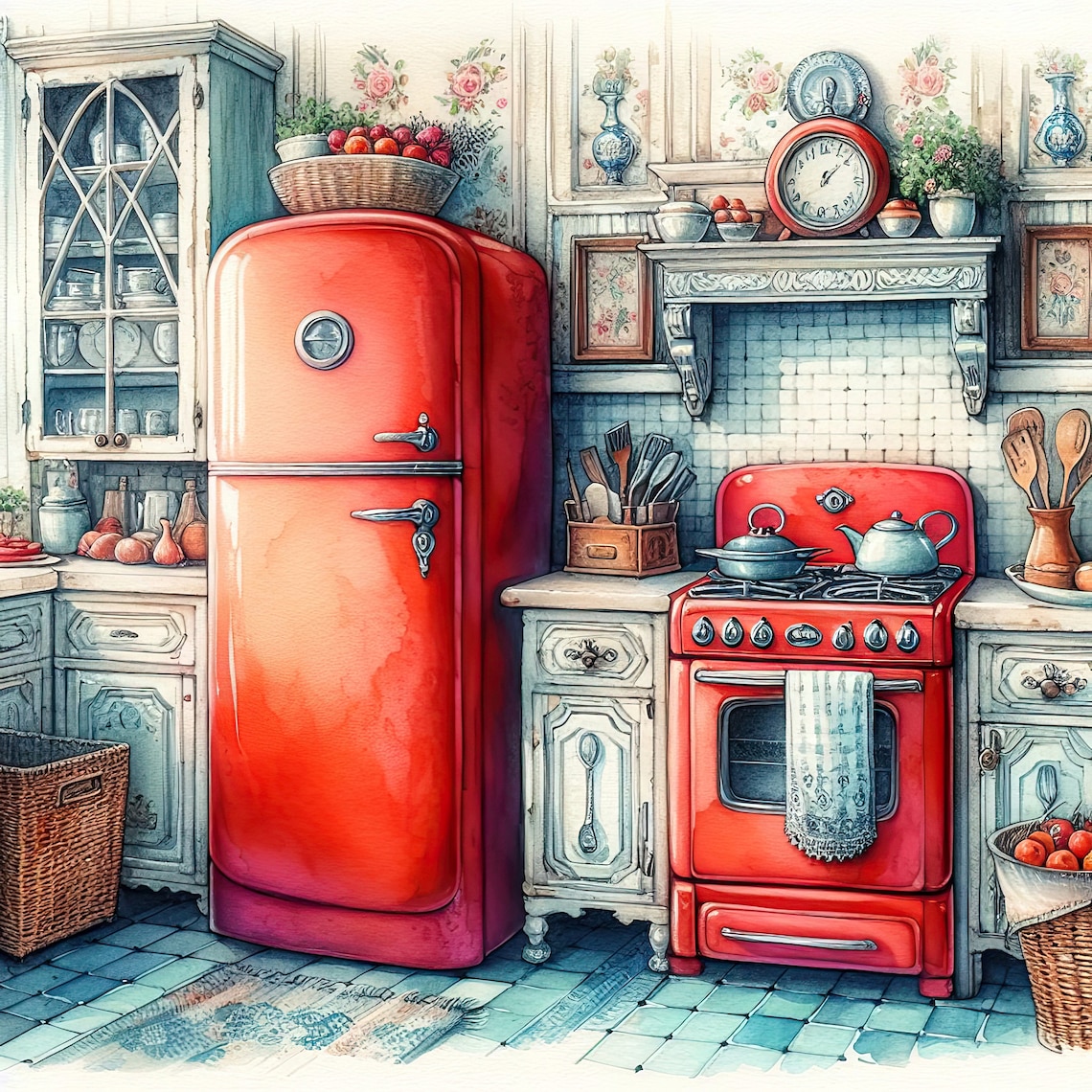 Watercolor Retro Red Kitchen Clipart Vintage Kitchen Clip Art ...