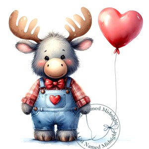 Cute Little Moose With a Heart Balloon Clipart 12 JPG Watercolor Clip ...