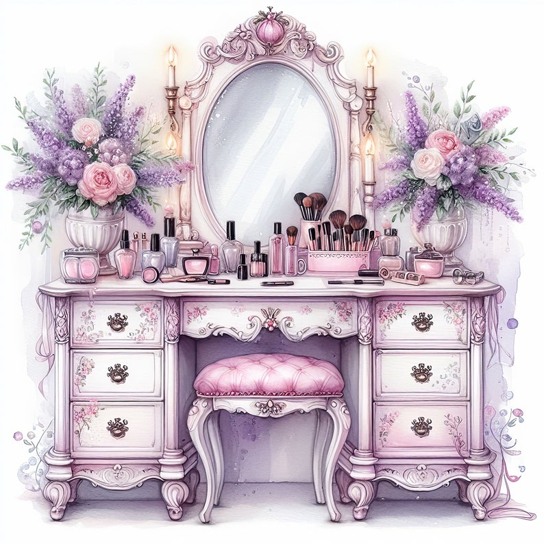 Watercolor Shabby Chic Vanity Dressing Table Clipart Vintage Clip Art ...