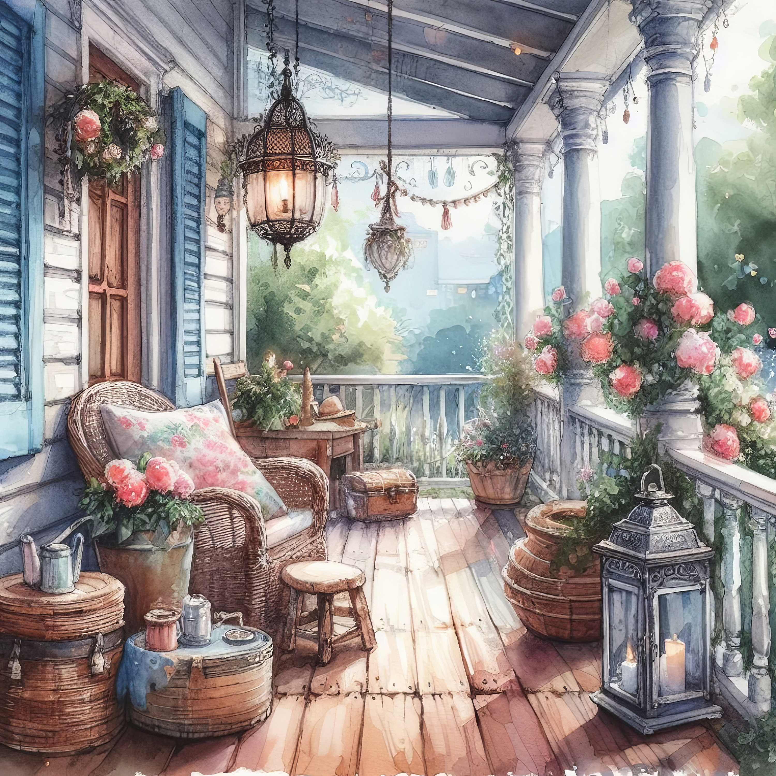 Watercolor Shabby Chic Porch Clipart Vintage Clip Art Watercolor ...