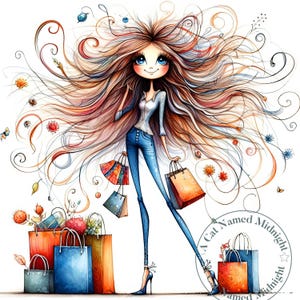 Quirky Girl Shopper Clipart 13 High Quality Jpgs Whimsical Girl at the ...