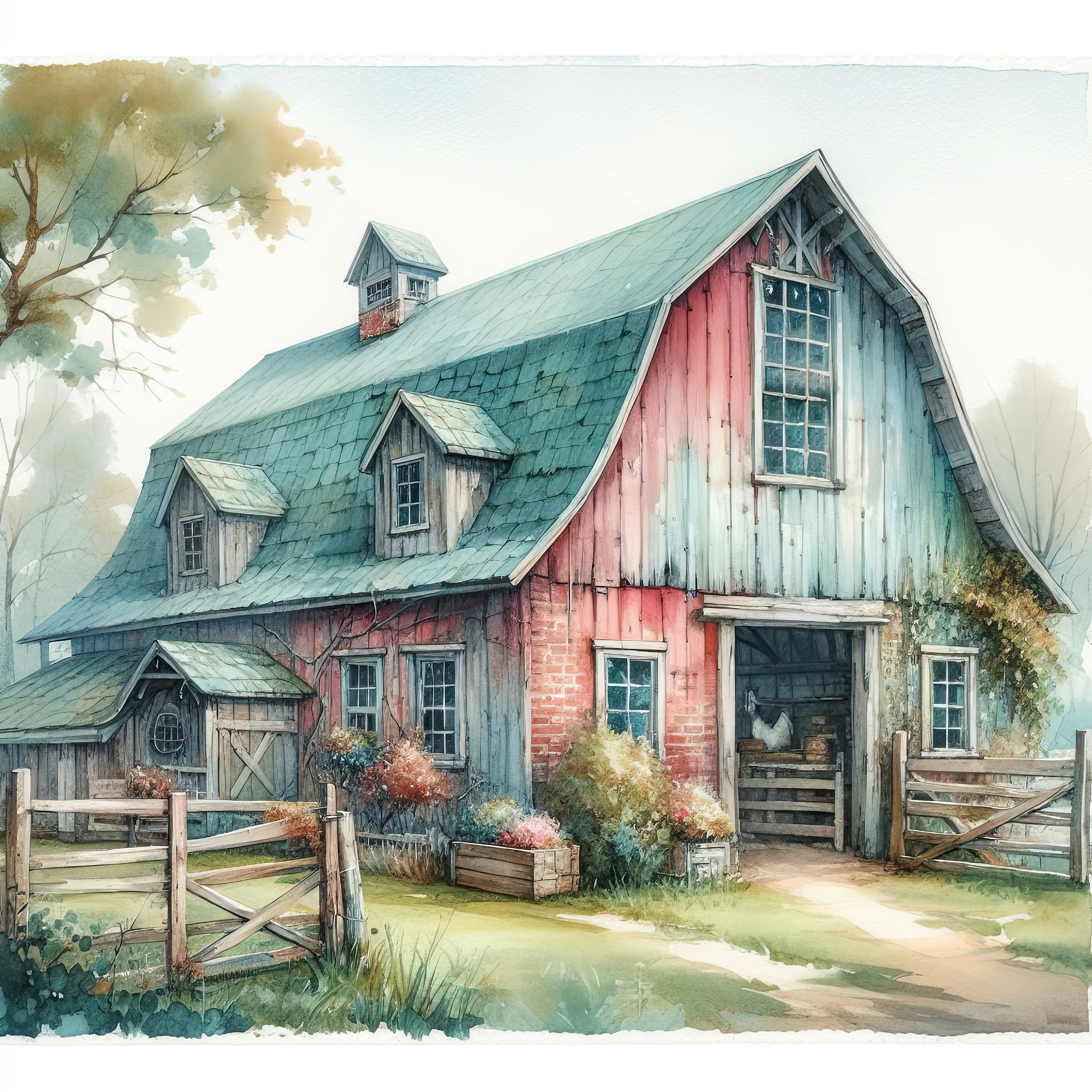Watercolor Old Rustic Red Barn Clipart Bundle Vintage Clip Art Barn ...