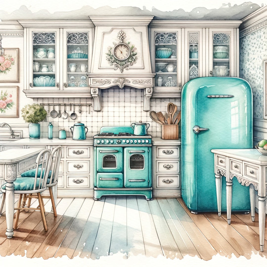 Watercolor Kitchen Clipart Turquoise Shabby Chic Kitchen Vintage Clip ...