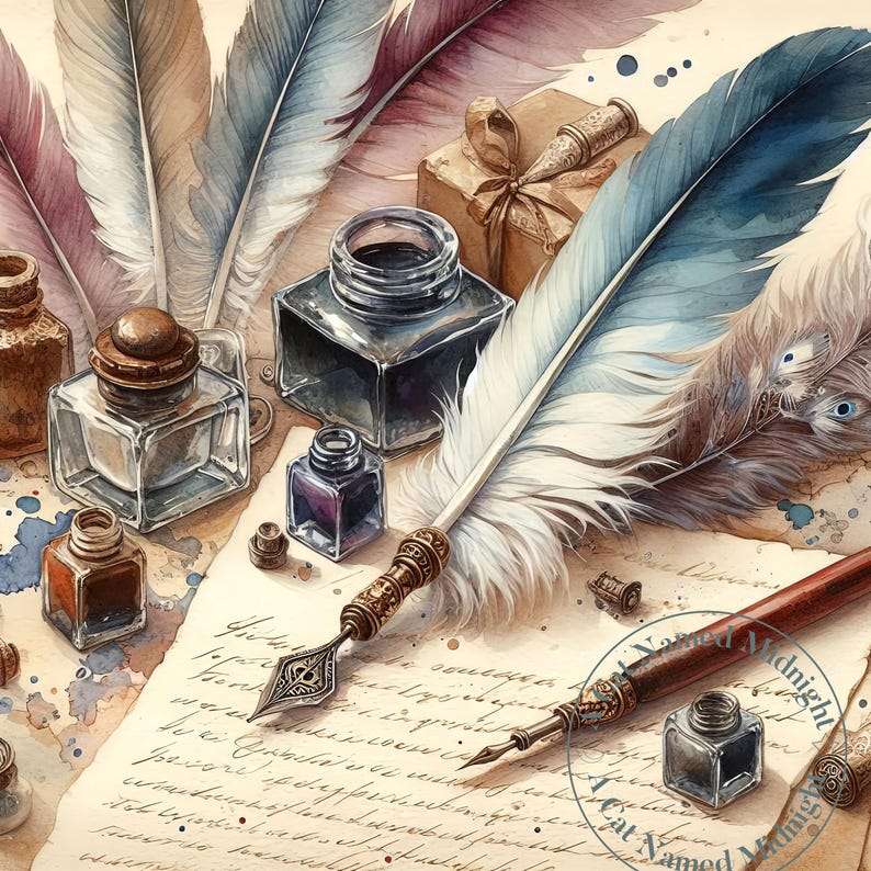 Vintage Writing Paper and Quill Clipart 12 Watercolor Book Lover Clip ...