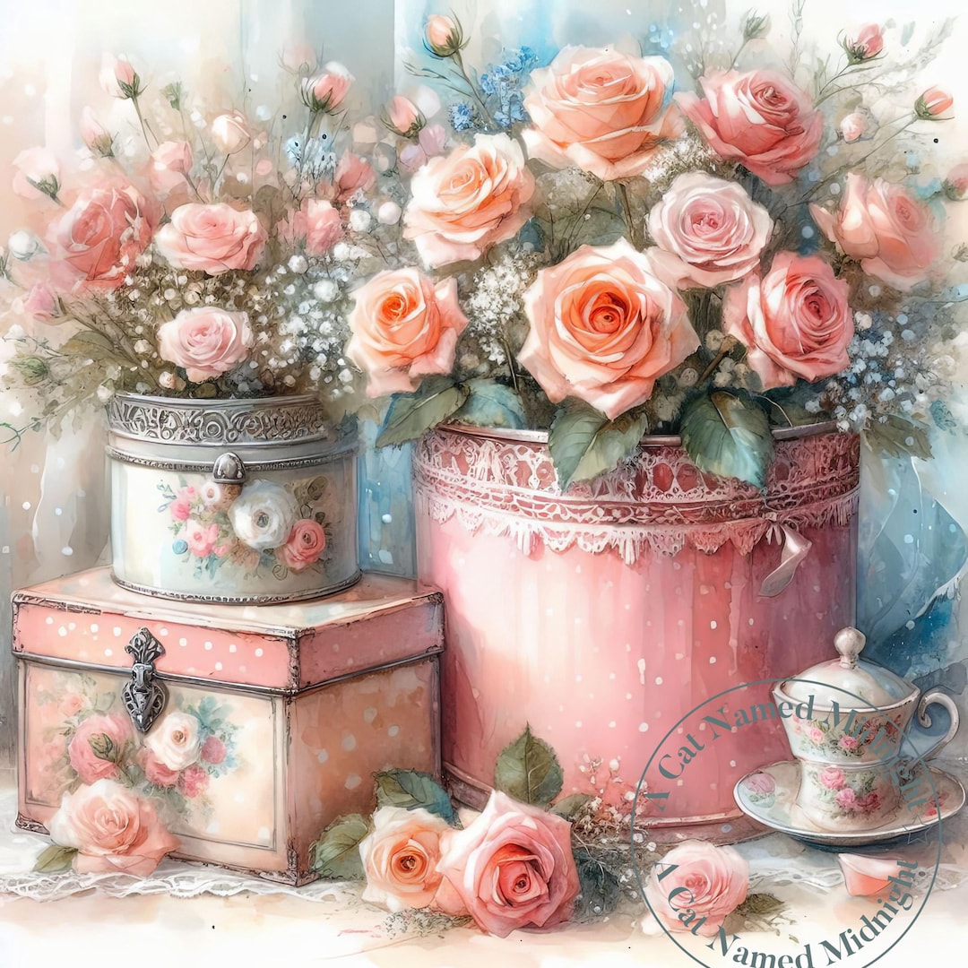 15 Shabby Chic Roses Clipart Roses and Baby's Breath in Vintage Cans ...