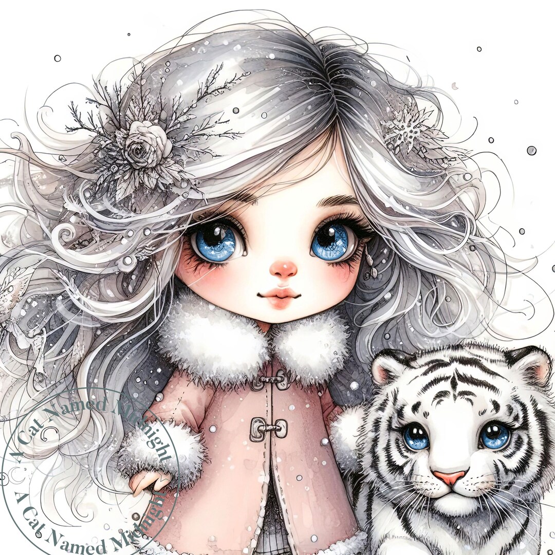 Cute Little Girl and White Tiger Clipart - Etsy