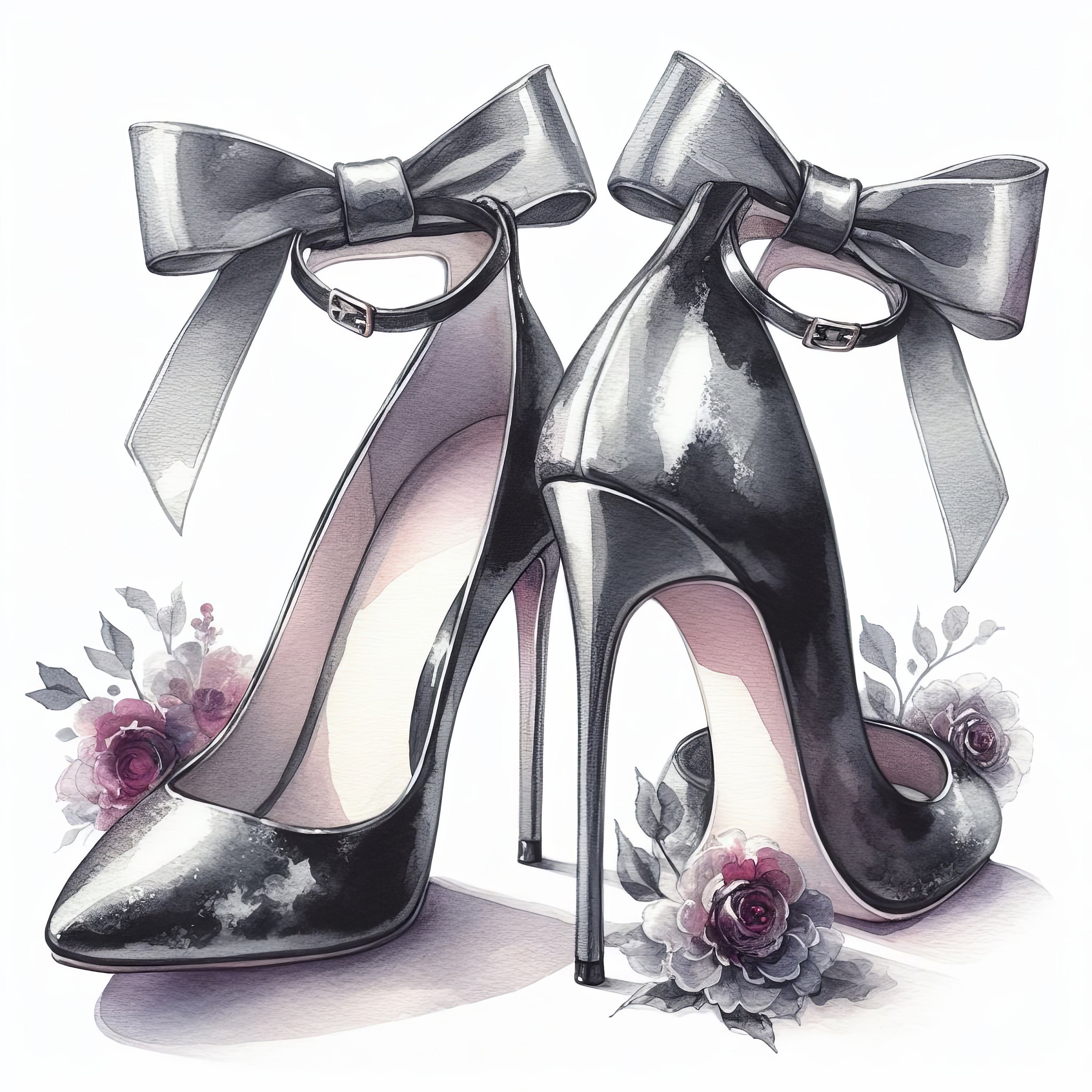 Watercolor High Heels Clipart Bundle Black and Silver High Heels Clip ...