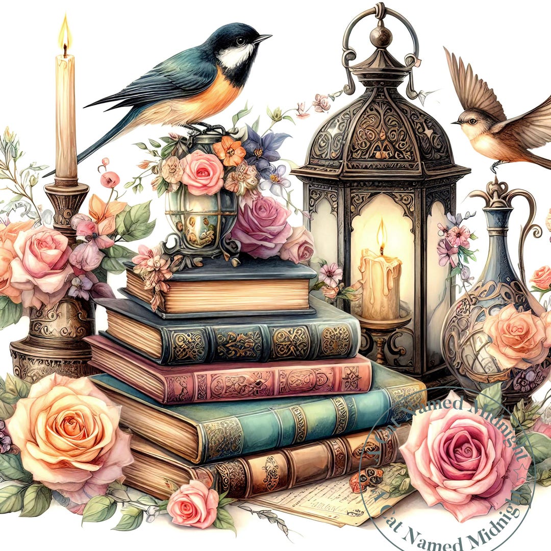 Shabby Chic Books and Birds Clipart 14 JPG Watercolor Books Clip Art ...