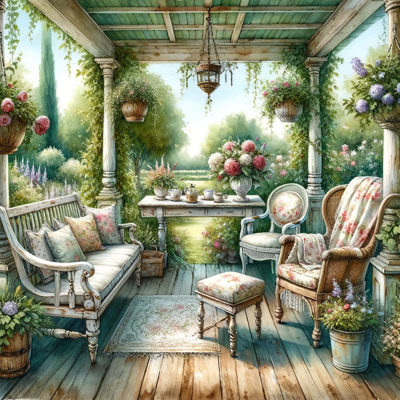 Watercolor Shabby Chic Porch Clipart Vintage Clip Art Watercolor ...